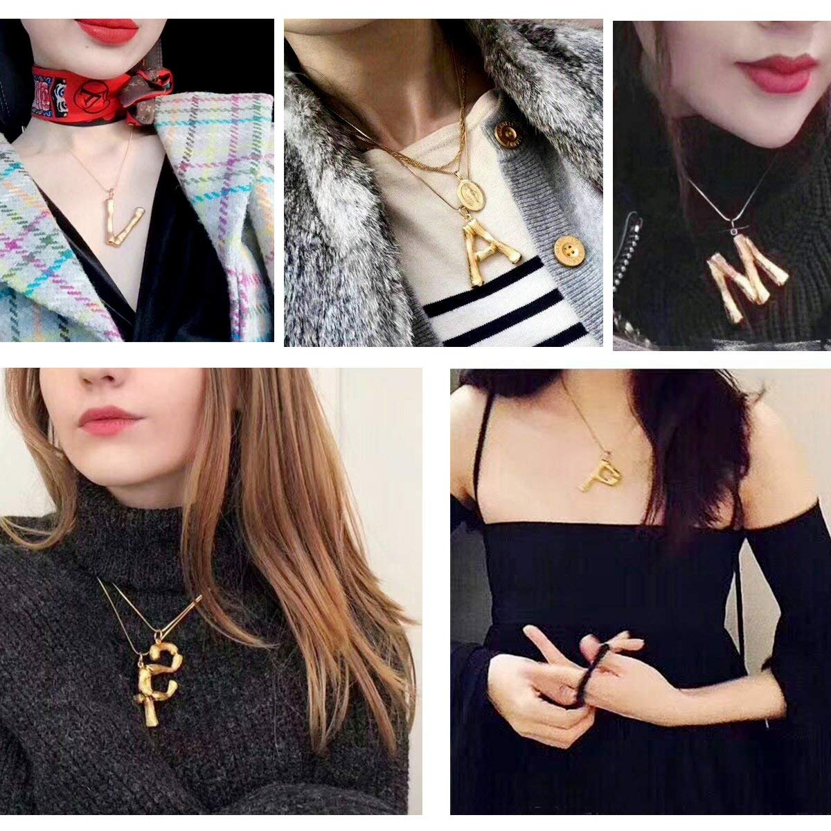 FOCALOOK Statement Bamboo Necklace, 14K Gold Plated Initial Name Pendant Necklace for Women - Big Bamboo Letter Charm Necklace(With Gift Box)