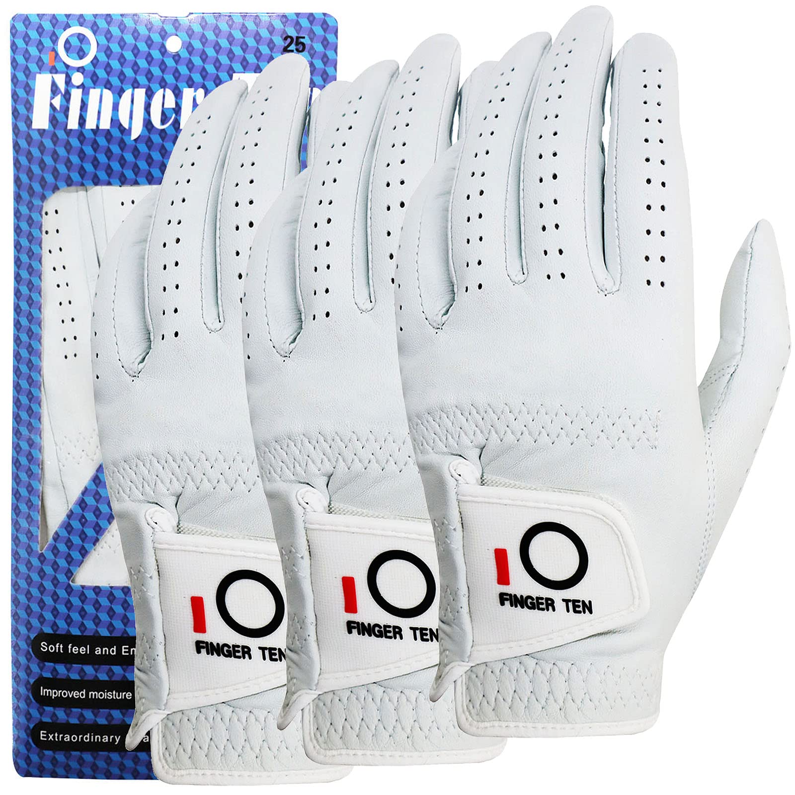 FINGER TEN Golf Gloves Men Right Handed Golfer Left Hand 3 Pack Cabretta Leather White Soft All Weather Grip Breathable Lightweight Flexible Glove (White, Large, Worn on Left Hand)