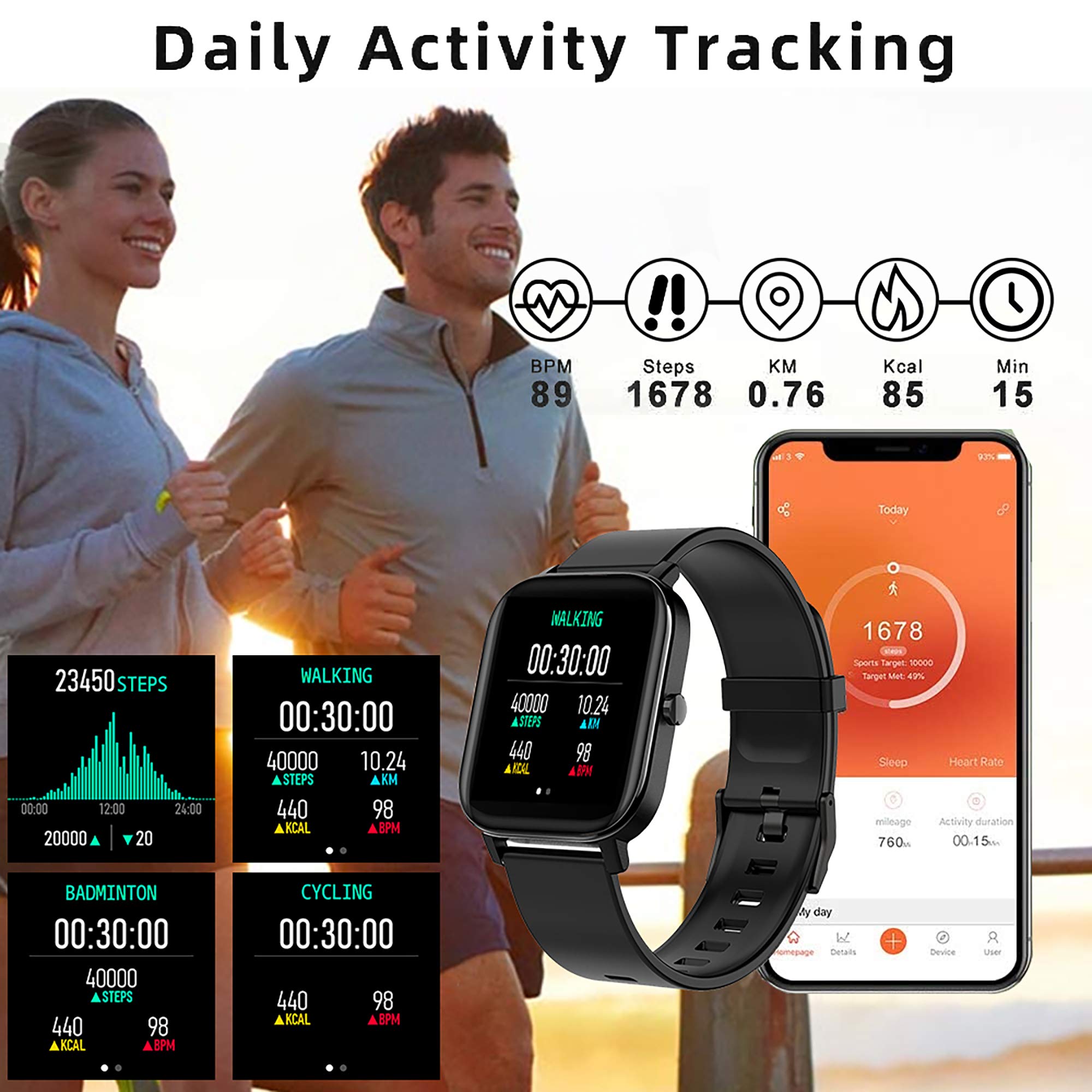 FirYawee Smart Watch, Smartwatch for Android Phones and iOS Phones,Fitness Tracker Waterproof IP68,Step and Distance Counter,Smart Watch for Men Women