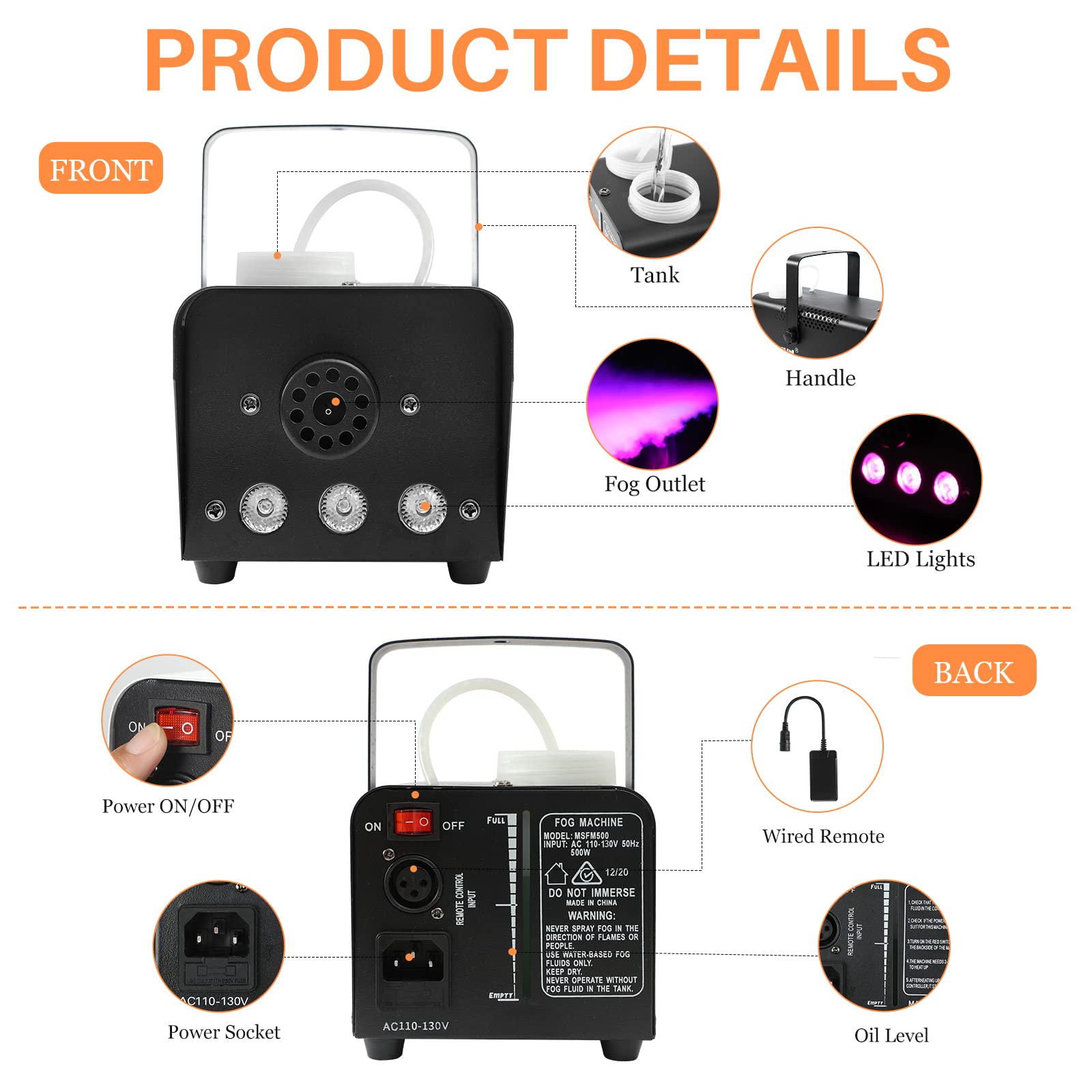 Fog Machine With LED Lights Baisun 500W Wireless Remote Control Smoke Machine For Wedding Christmas Halloween Birthday Party