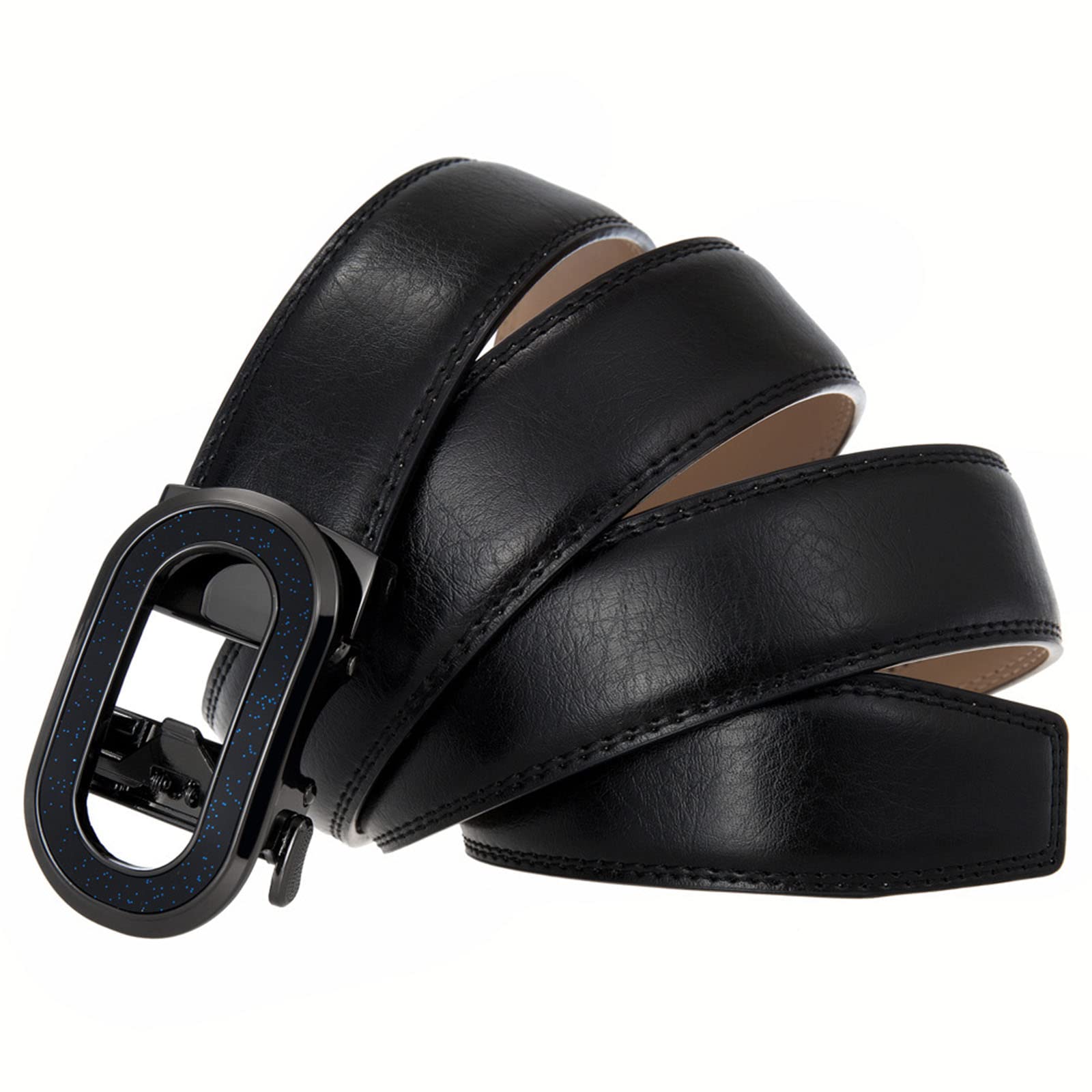 jasboo Men's Genuine Leather Adjustable Belts, Slide Trim Ratchet with Automatic Elegant Metal Buckles for Casual Pants (Black & Night Sky)
