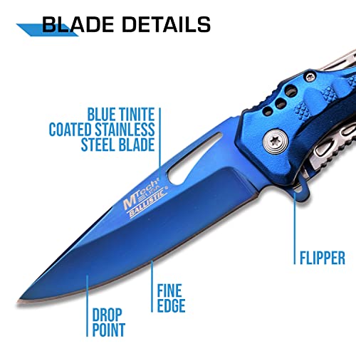 MTech USA β Spring Assisted Folding Knife β Blue TiNite Coated Fine Edge Stainless Steel Blade, Blue Aluminum Handle, Pocket Clip, Tactical, EDC, Self Defense- MT-A705SBL,Blue/Silver