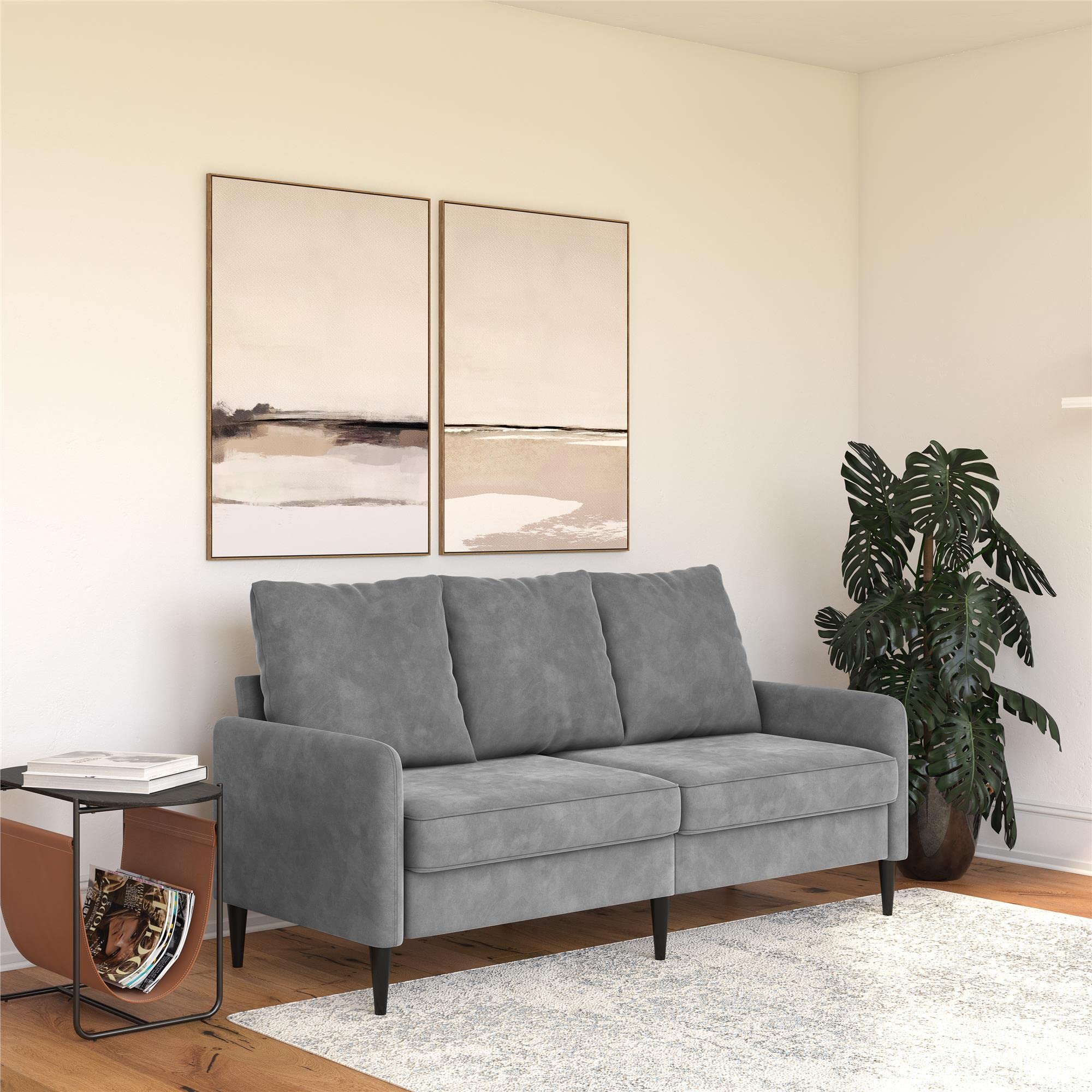 REALROOMS Cassia Pillowback 3-Seater Velvet Sofa, Detachable Pillow, Light Gray