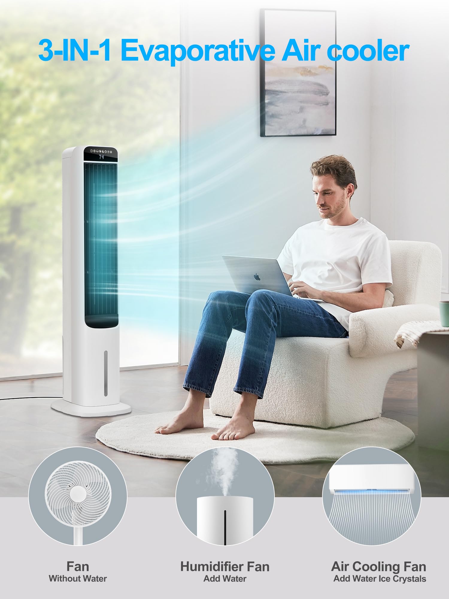 KEGIAN Cooling Fan That Blow Cold Air, Portable Evaporative Air Cooler, Swamp Cooler with 80°Oscillation, 3 Modes, 12H Timer, Remote, Bladeless Tower Fan for Home, Office, and Bedroom (41'')