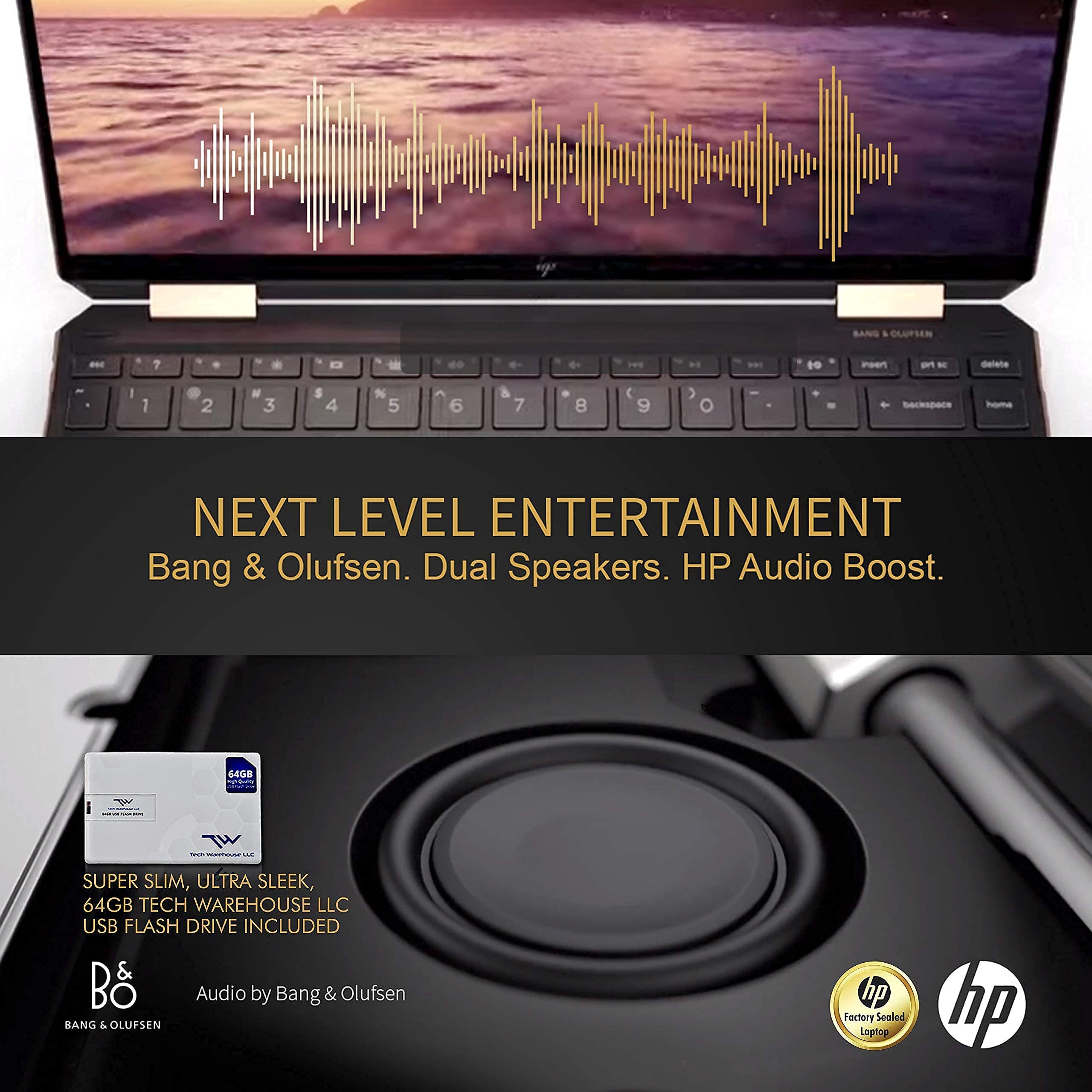 HP Spectre x360 GEM Cut 13.3" FHD Touch Laptop, Intel i7-1065G7, 16GB RAM, 1TB SSD, Bang & Olufsen, Fingerprint Reader, Stylus, Nightfall Black, Win 10 Pro, 64GB TechWarehouse Flash Drive