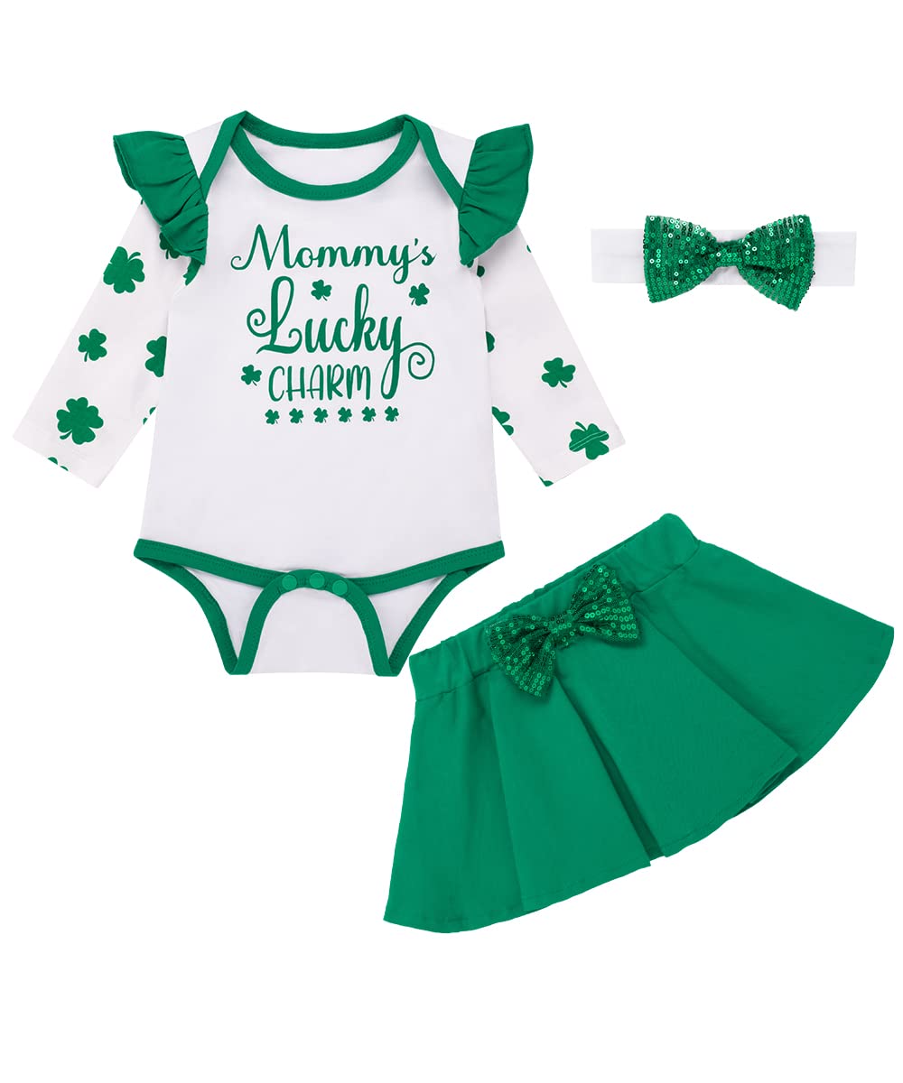 LENSOUS Infant Baby Girls Mommy's Lucky Charm ST. Patrick's Day Green Tutu Dress Skirts Set (Green, 3-6 Months)