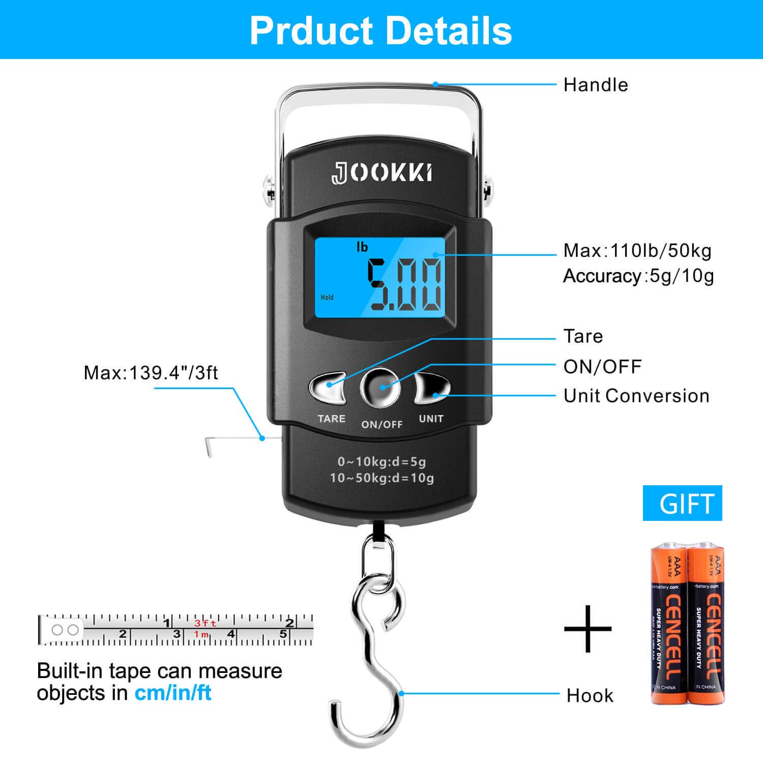 Fish Scale,JOOKKI Hanging Scale Portable Dial Scale LCD Digital Weight Electronic Scale 110lb/50kg with a Tape Measure for Tackle Bag,Luggage,Baggage,(Black)