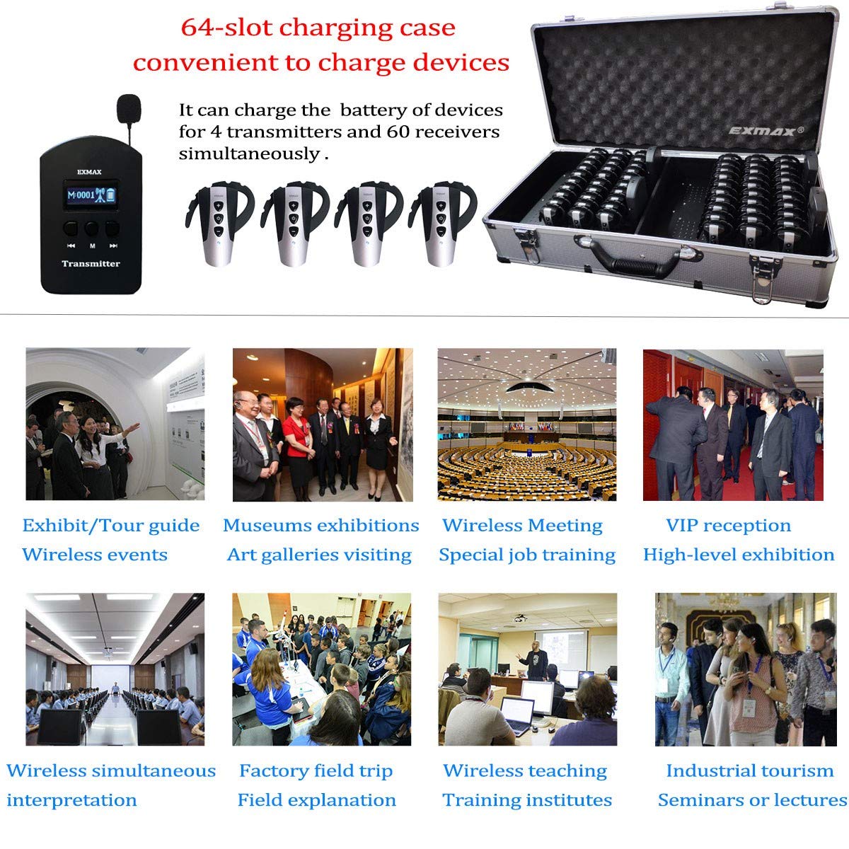 EXMAX EXD-6824 2.4GHz Wireless Audio Tour Guide Headset Systems up to 1-150M Transmission Range for Conference Church Travel Training hajj - 4 Transmitters & 60 Receivers with 64-Slot Charging Case