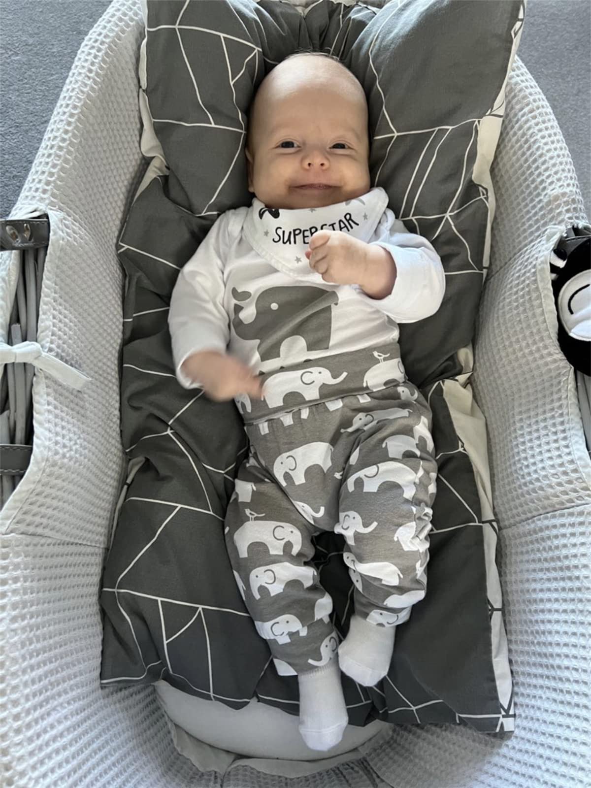 Siracend Newborn Infant Baby Boy Clothes Elephant Print Long Sleeve Bodysuit + Pants + Hat 3 PCS Outfits Set (0-3 months) White