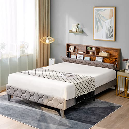 KOMFOTT Upholstered Queen Bed Frame with Storage Headboard, Platform Bed Frame with Open Shelves & Hidden Storage Space, Mattress Foundation with Plywood Slat Support, No Box Spring Needed
