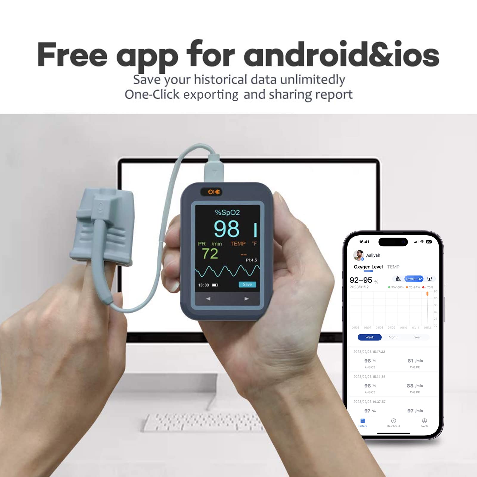 Wellue Smart Pulse Oximeter for Adults and Infant, Handheld Oxygen Monitor for SpO2&HR&body temperature, Rotatable Touchscreen, Free APP&PC Software (checkmepro)