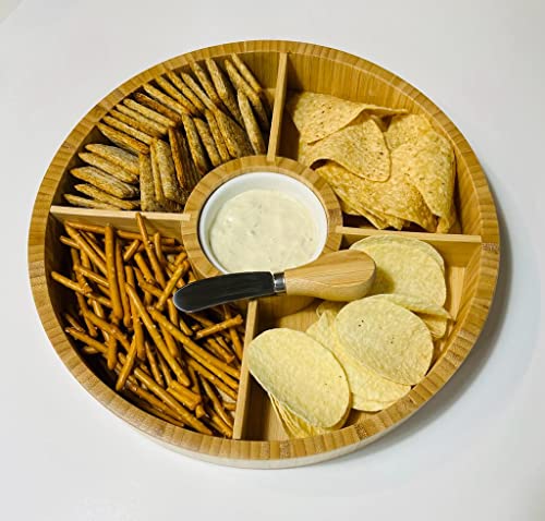 ProSky Chips and Dip Serving Dish, Bamboo Chip and Dip Platter with Dip Cup for Salsa and Spreader Knife, Chip and Dip Bowl Wood, Taco Dip Tray, Appetizer Serving Set, Dip Bowls and Tray Set
