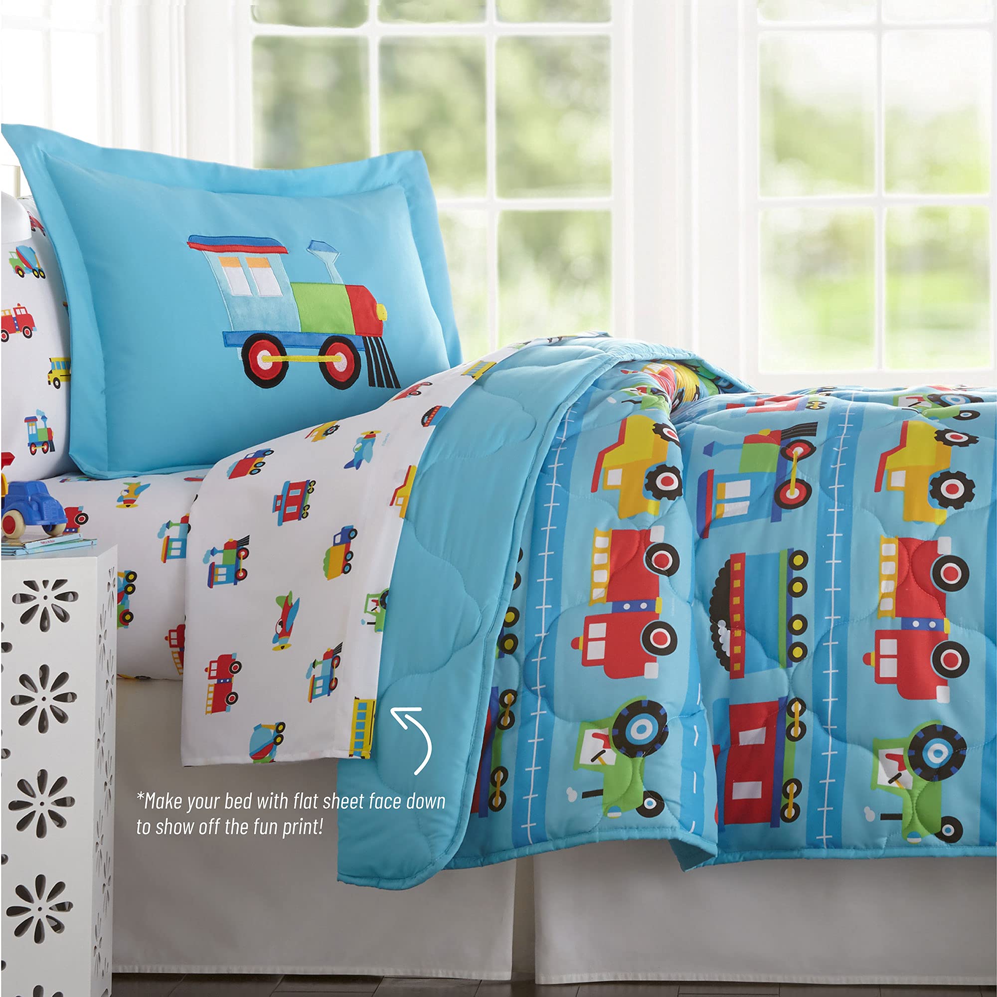 Wildkin Kids 5 Pc Twin Bed In A Bag for Boys and Girls, Microfiber Bedding Set Includes Comforter, Flat Sheet, Fitted Sheet, One Pillow Case and One Sham (Trains, Planes, and Trucks)