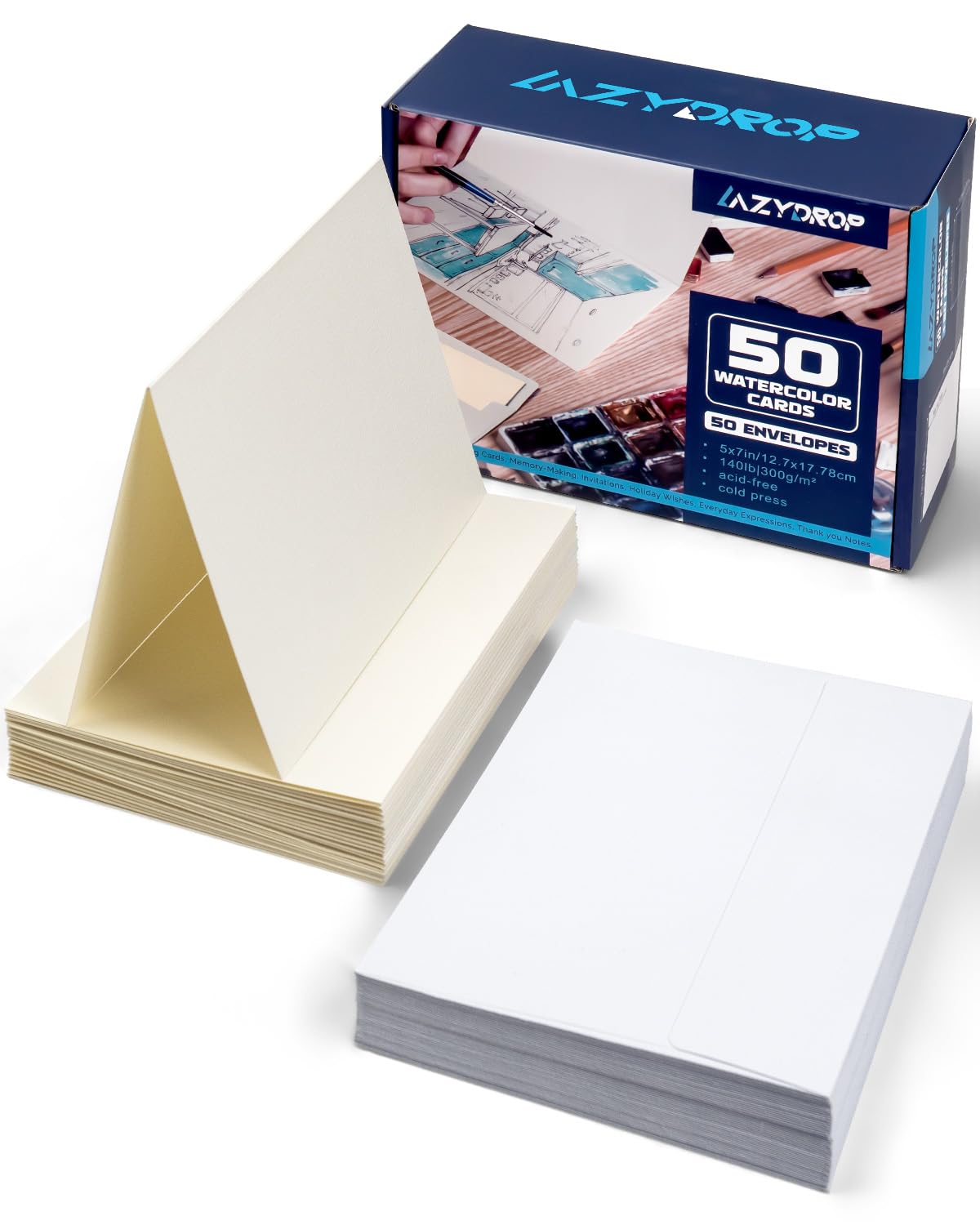Watercolor Cards and Envelopes Set - 50 Folded 5x7 Inch Blank Heavyweight Paper Cards (140lb/300gsm) with Matching Envelopes for DIY Greeting Cards, Festivals, and Events