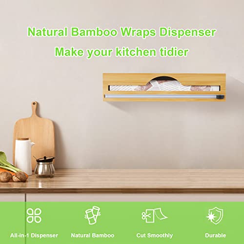 Ziplock Bag Organizer, Wrap Dispenser with Cutter, Plastic Wrap, Aluminum Foil and Wax Paper Dispenser for Kitchen Drawer, Bamboo Roll Organizer Holder
