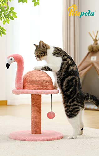PETEPELA Cat Scratching Post, Flamingos Natural Sisal Cat Scratcher with Interactive Toy Ball and Extra Replacement Sisal Scrathing Pole for Kittens and Small Cats Pink