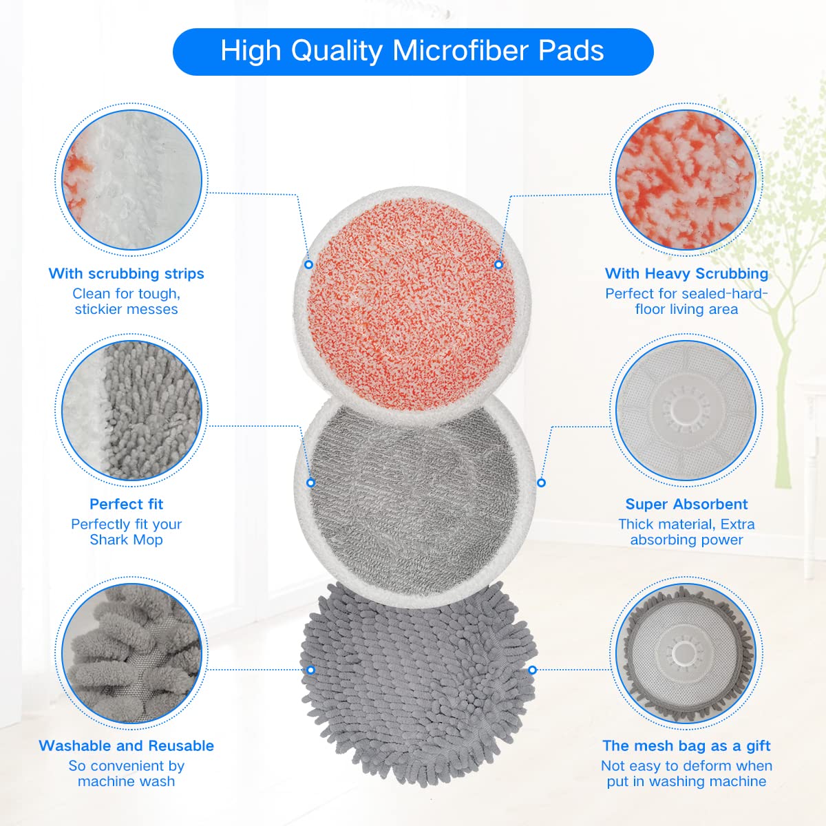 Home Times Steam Mop Pads,Floor Specialized Mop Cloth Set for Shark S7000,S7001,Shark S7000 AMZ Vacuum Machine Reusable Pads (2 Heavy Scrub Pads+2 Scrub Pads+2 Soft Pads)