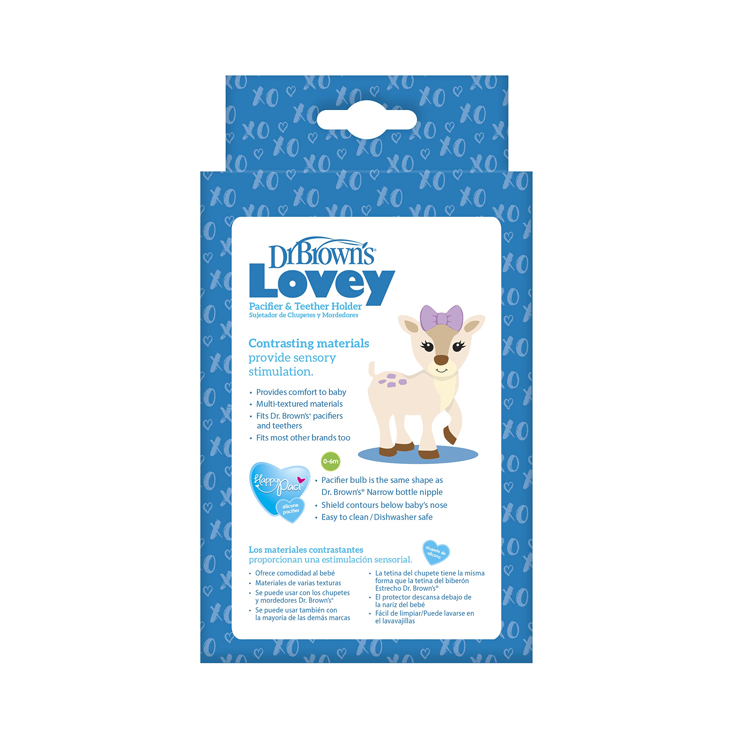 Dr. Brown’s Lovey Pacifier and Teether Holder with HappyPaci Silicone Pacifier, Sloth, Lion, Triceratops Variety Pack 0-6m