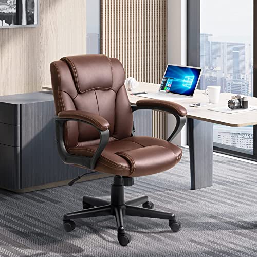 Shahoo Executive Office Chair Mid Back Swivel Computer Task, Ergonomic Leather-Padded Desk Seats with Lumbar Support,Armrests, Light Brown