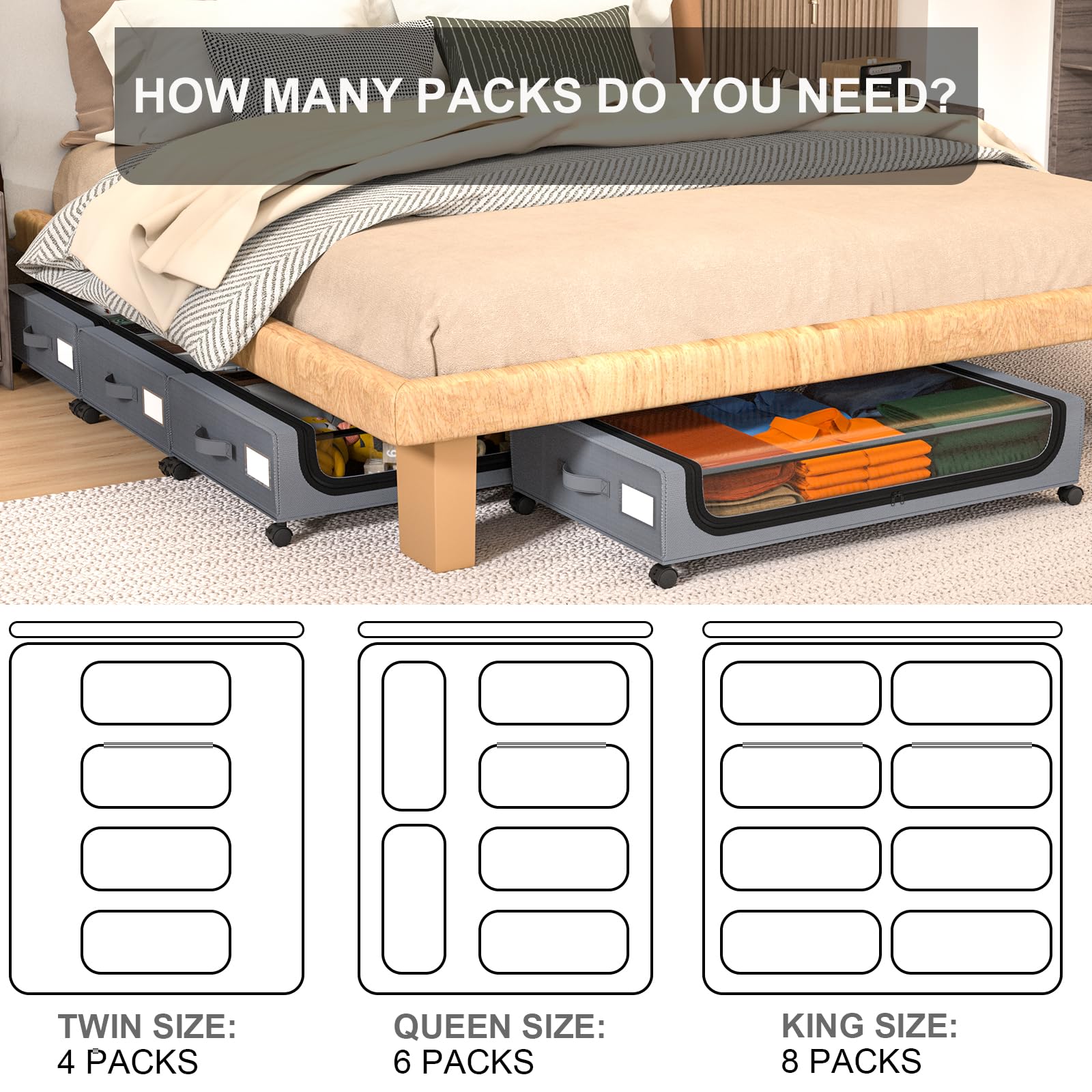 GoMaihe Under Bed Storage with Wheels: XXL 48L Underbed Storage Containers with Lids - Rolling Drawers for Shoes Clothes in Dorm Bedroom - Space-Saving Easy Pull-out Grey 2-Pack