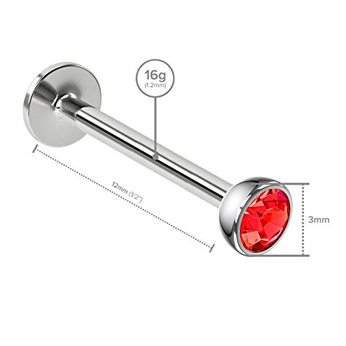 Evonix 4pcs 16g 12mm Crystal Labret Stud Lip Ring Snake Bite Conch Forward Helix Monroe Tragus Dahlia Marilyn 1/2 - Red