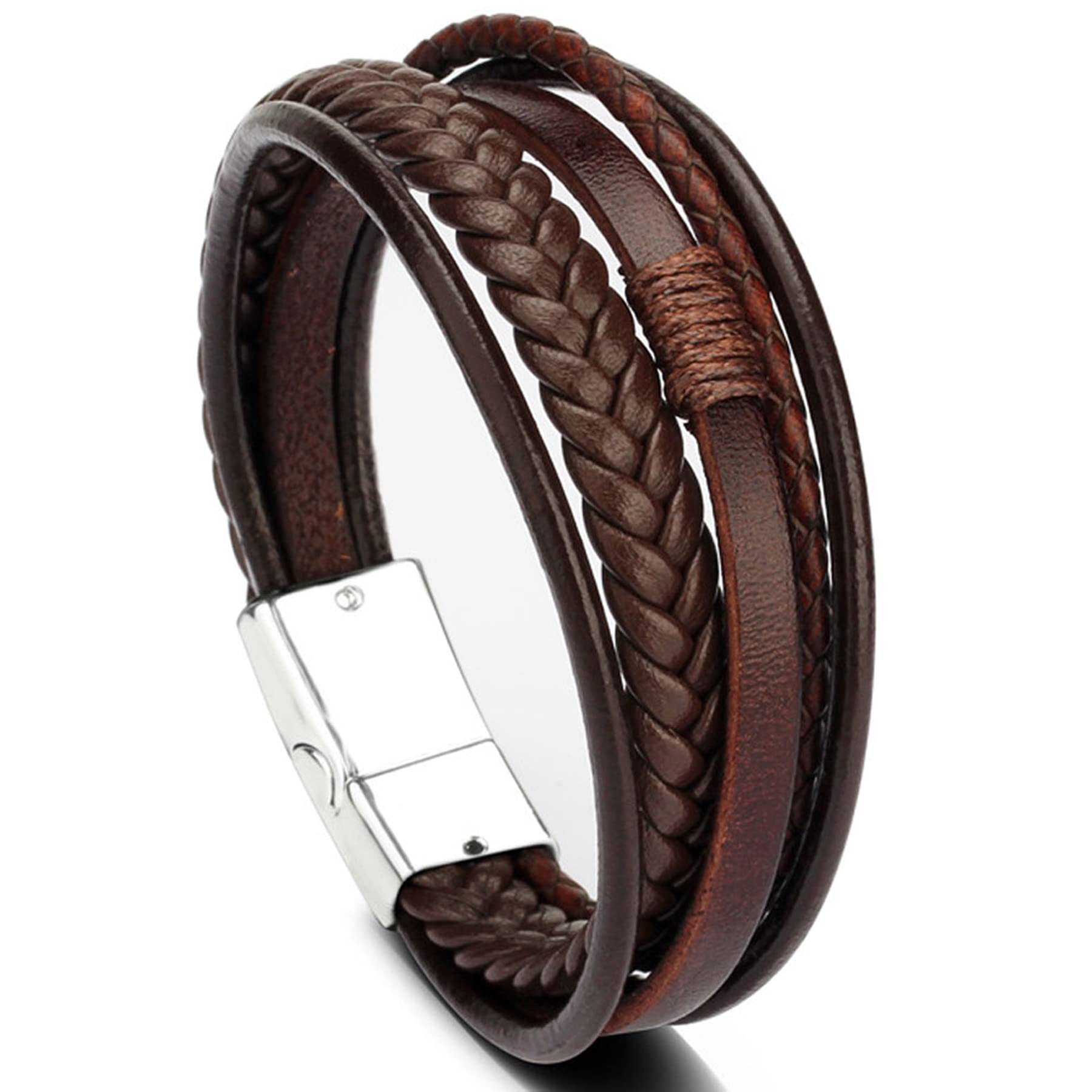 Jaslee Multi-Layered Cowhide Leather Braided Bracelet Men Women 8.3 Inches Gifts for Couple-Brown&Silver