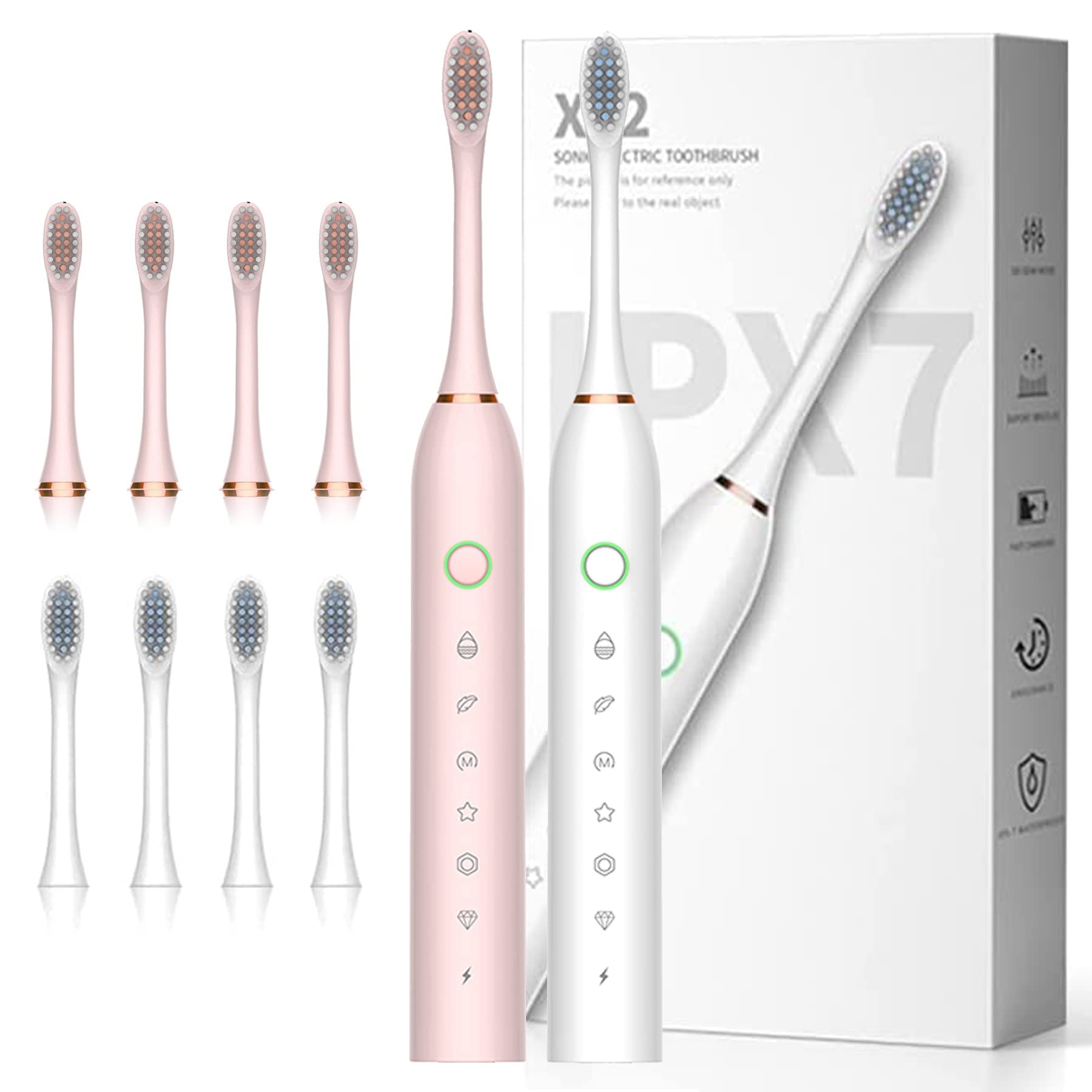 Magnalube-G 2 Pack Electric Toothbrushes Sonic Toothbrush Whitening with 8 Brush Heads, 6 Cleaning Modes and Smart Timer, for Adults Rechargeable Waterproof Cleaning Toothbrushes(Pink+White)