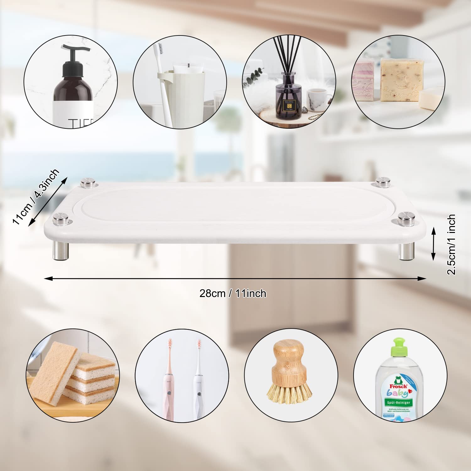 Instant Dry Sink Organizer 2PCS, Sponge Holder Fast Drying Stone, Natural Diatomite Material, Soap Holder with Rustproof Stainless Feet, Sink Caddy for Kitchen Bathroom Counter, White