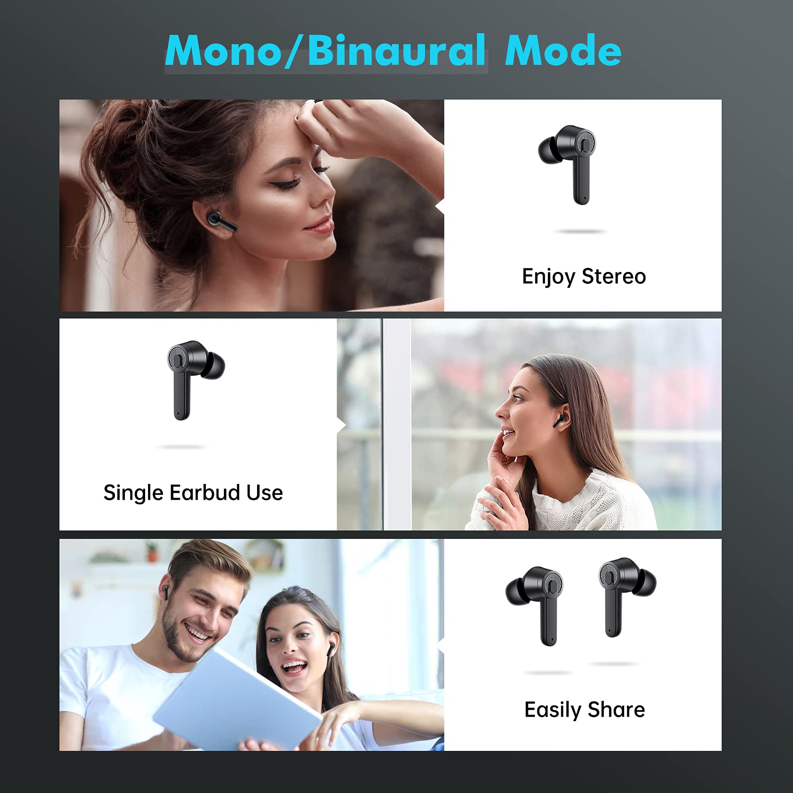 vinlley Bluetooth Headphones, True Wireless Earbuds, in Ear Running Earphones with Noise Cancelling Mic, Built-in Microphone, IPX7 Waterproof, Upgrade Wireless Headset for Laptop/Sports, ES06 Black