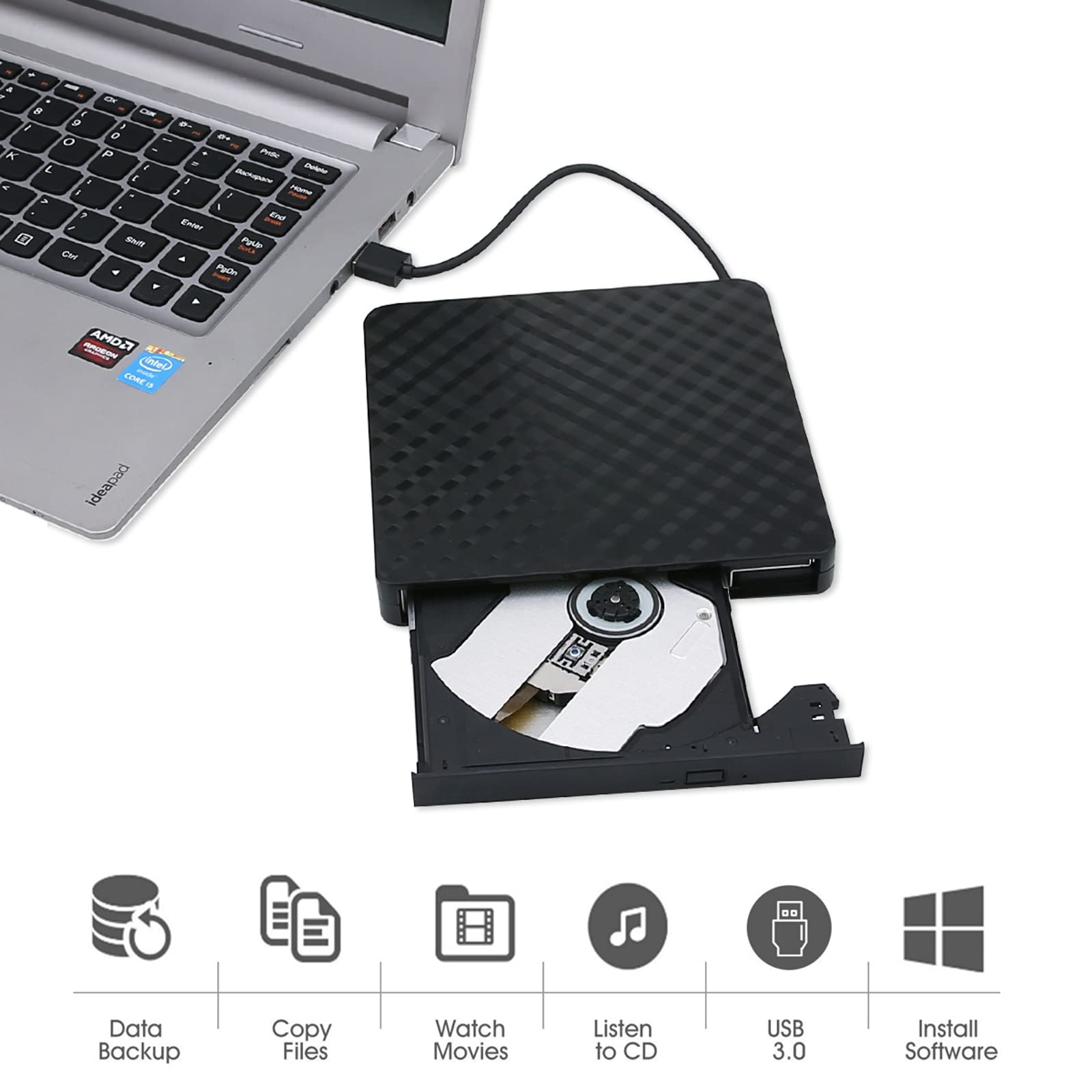 External CD Drive, USB 3.0 Portable CD/DVD +/-RW Drive DVD/CD ROM Rewriter Burner Compatible with Laptop Desktop PC Windows Linux Apple Mac