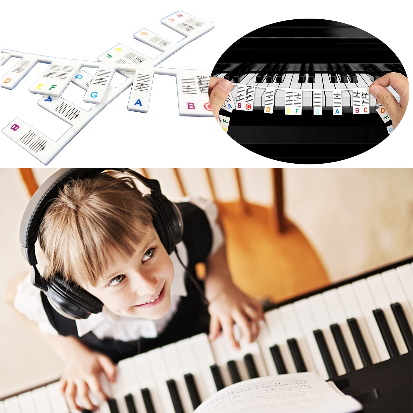 Gowxs Piano Notes Guide for Beginner,61/88-Key Full Size, Removable Piano Keyboard Note Labels for Learning, Made of Silicone, No Stickers, Reusable and Comes with Box and Instructions (Rainbow)