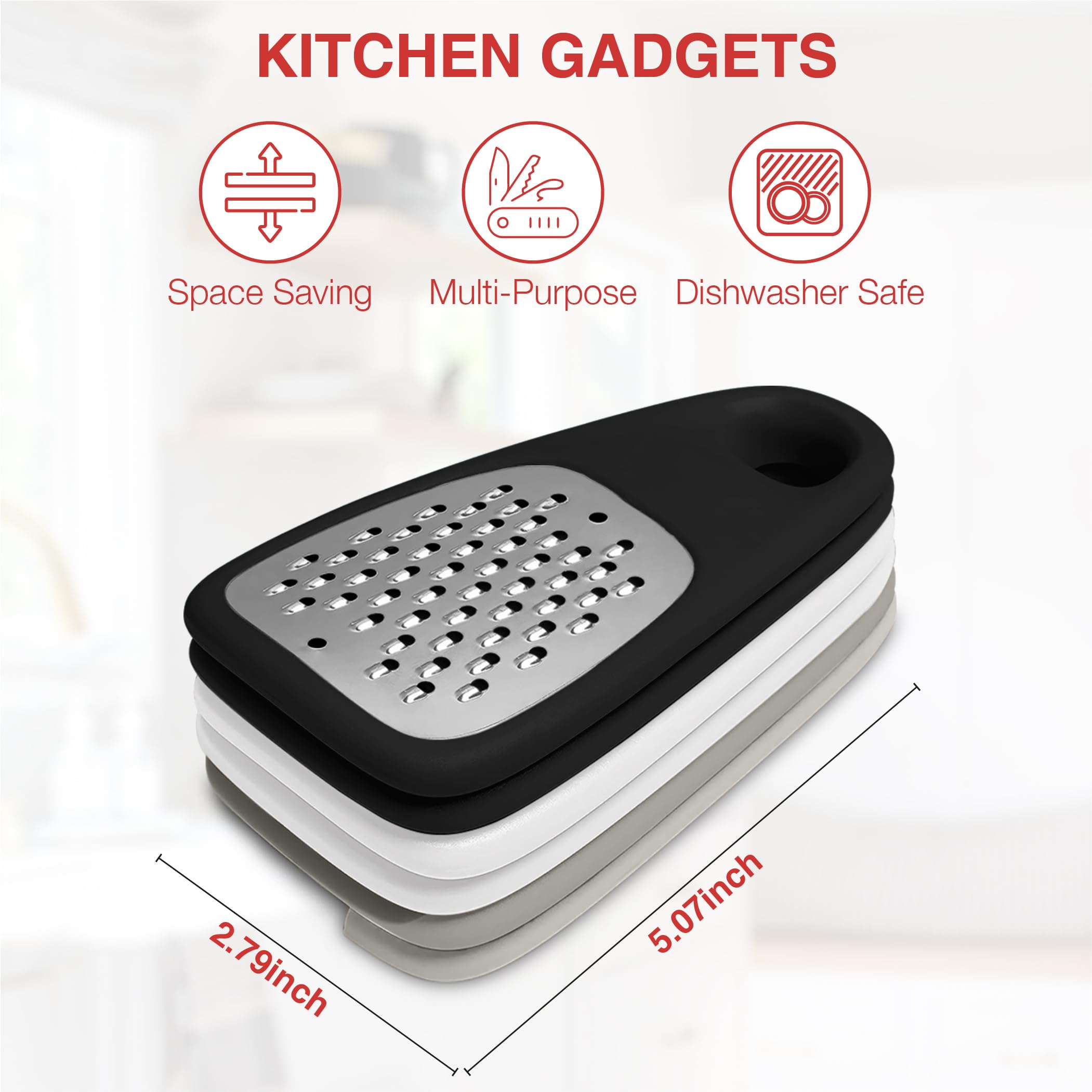 Kitchen Gadget, 6 Piece Set, Space Saving, Camper must haves, RV Accessories, Cheese Grater, Bottle Opener, Fruit/Vegetable Peeler, Pizza Cutter, Garlic/Ginger Grinder,Herb Stripper, (Blk/Gray/White)