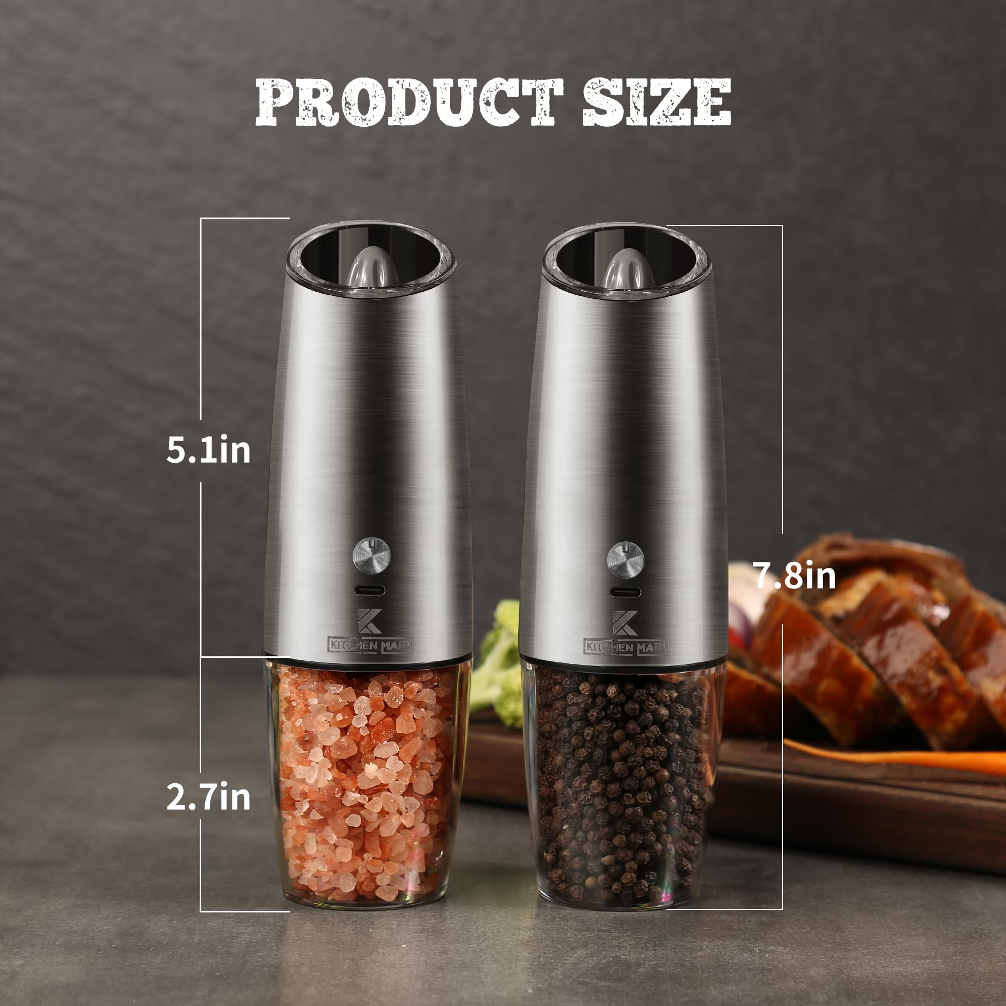 Kitchen Maid Gravity Electric Salt and Pepper Grinder Set Rechargeable, Adjustable Automatic Electric Salt and Pepper Shakers, Stainless Electric Salt Pepper Grinder Mill Rechargeable USB-C