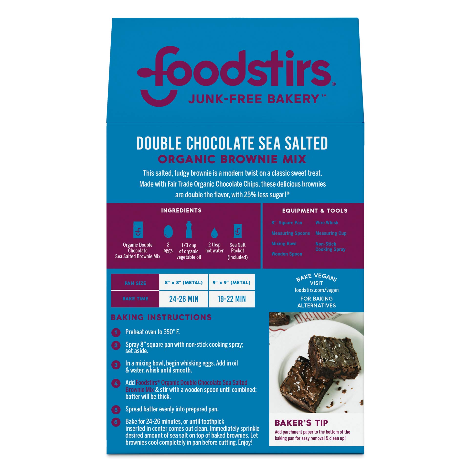 Foodstirs Junk-Free Bakery Organic Double Chocolate Sea Salted Brownie Baking Mix, 16.19 Oz | Non-GMO | Low Sugar