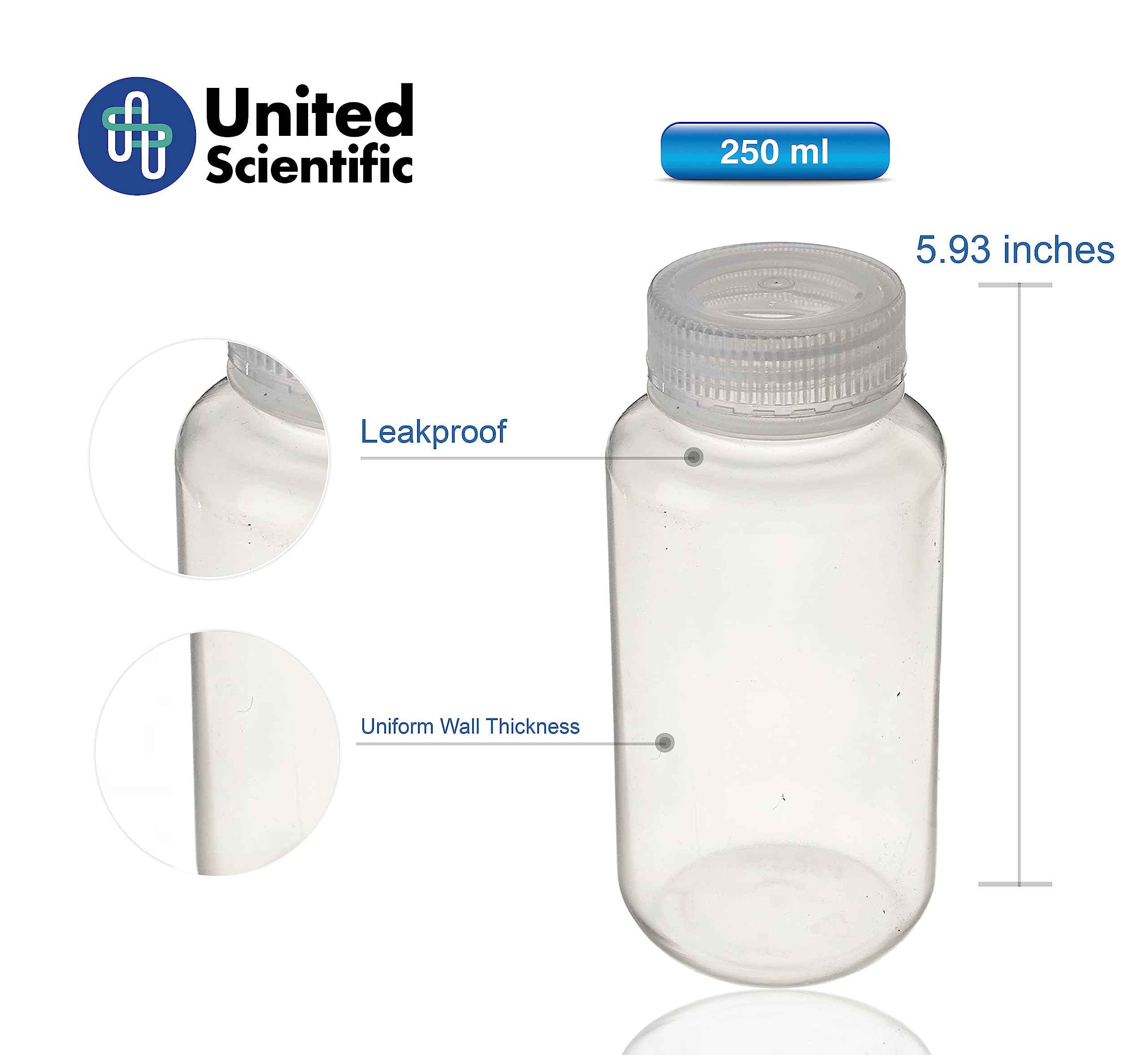 United Scientific® Unistore⢠33308 | Laboratory Grade Polypropylene Wide Mouth Reagent Bottle | Designed for Laboratories, Classrooms, or Storage at Home | 250ml (8oz) Capacity | Pack of 12