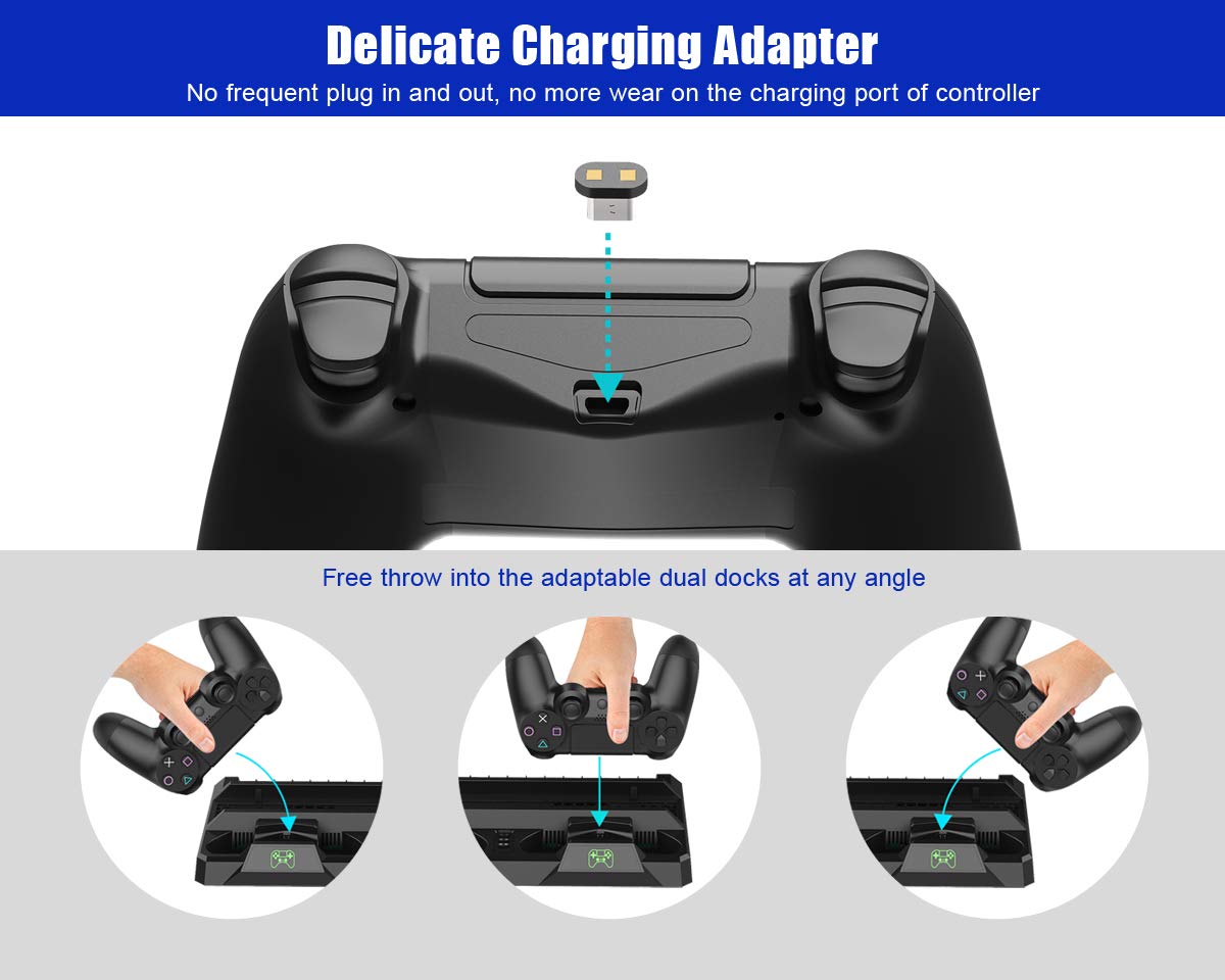 ElecGear Vertical Stand for PS4, Charging Station with Cooling Fan, Charger Dock for DualShock 4 Controller, 16x Games Blu-ray Storage Bracket Accessories Kit for Playstation 4, PS4 Pro, PS4 Slim