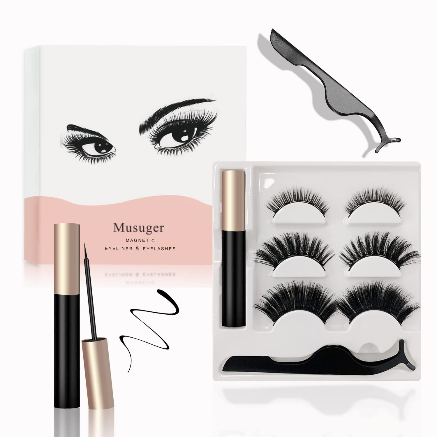 Magnetic Lashes, Magnetic Eyelashes with Eyeliner Kit, 3 Pairs Magnetic Eyelashes Natural Look, Reusable False Lashes, No Glue Need, with Applicator