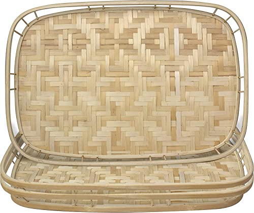 Rectangular Bamboo Wicker Serving Trays with Handles, Handwoven Coffee Trays for Coffee, Breakfast, Bread, Food, Dish and Decorative Trays for Dining Table