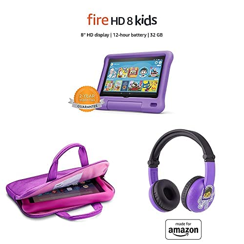 Fire HD 8 Kids Tablet, 8" HD Display (32 GB, Purple) + Zipper Sleeve (Purple) + Purple PlayTime Bluetooth Headset