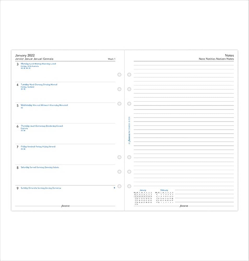 Filofax Replacement White Colour Agenda Rings A5-Master 2022, Weekly Horizontal Planning with Notes 148x210mm.,5.75 inches X 8.25 inches,22-68509