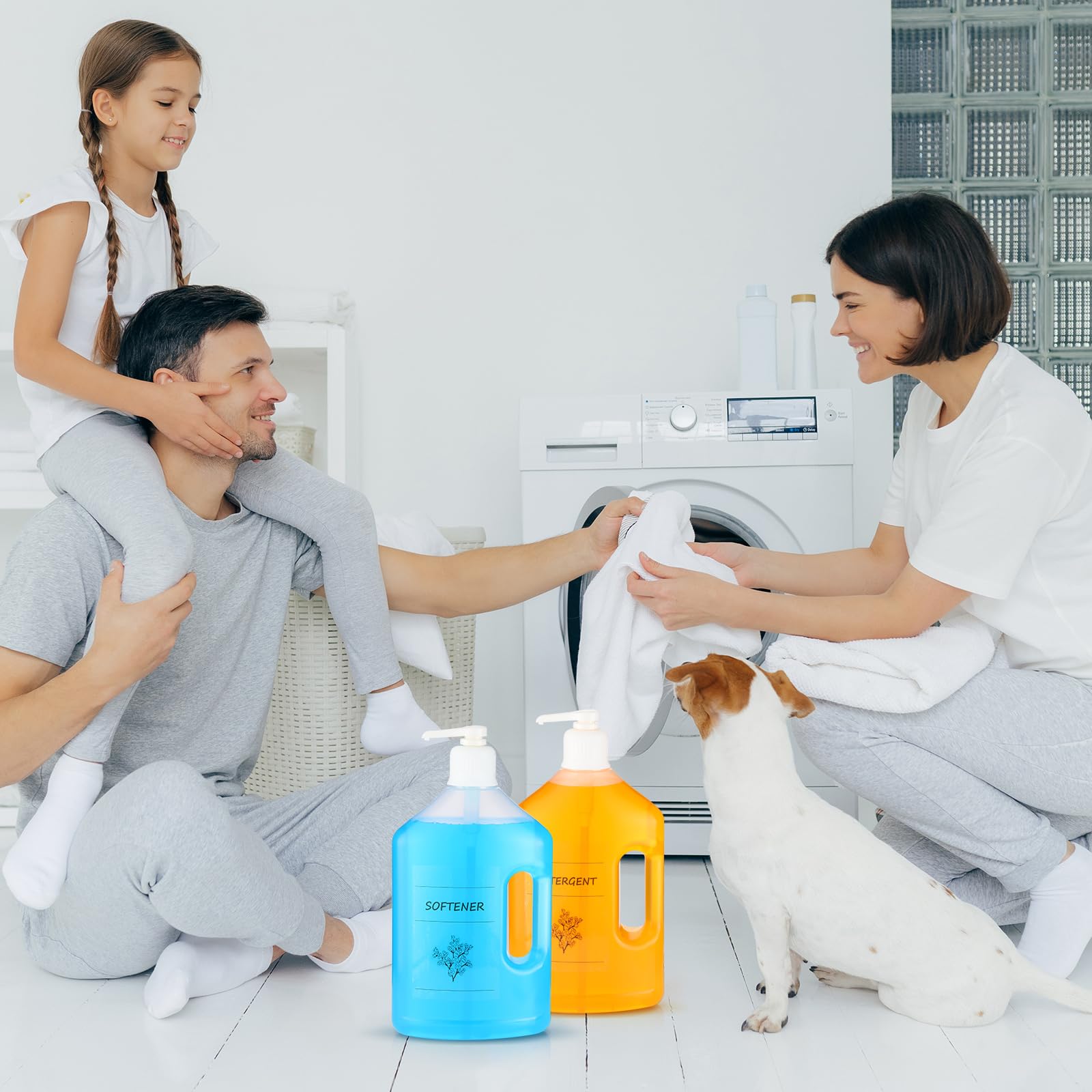 Qinyoung 2 Pcs 1 Gallon/128 oz Laundry Detergent Dispenser Plastic Fabric Softener Dispenser for Laundry Room Organization and Storage Liquid Laundry Detergent Container with 2 Lids 2 Pumps 6 Labels