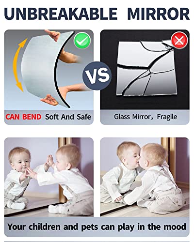 Shatterproof Kids Wall Mirror Tiles,4Pcs 10"x10" Self Adhesive Acrylic Mirror, Safe Unbreakable Plastic Mirror for Toddler,Frameless Small Mirror,Plexiglass Long Mirror for Classroom,Children's room