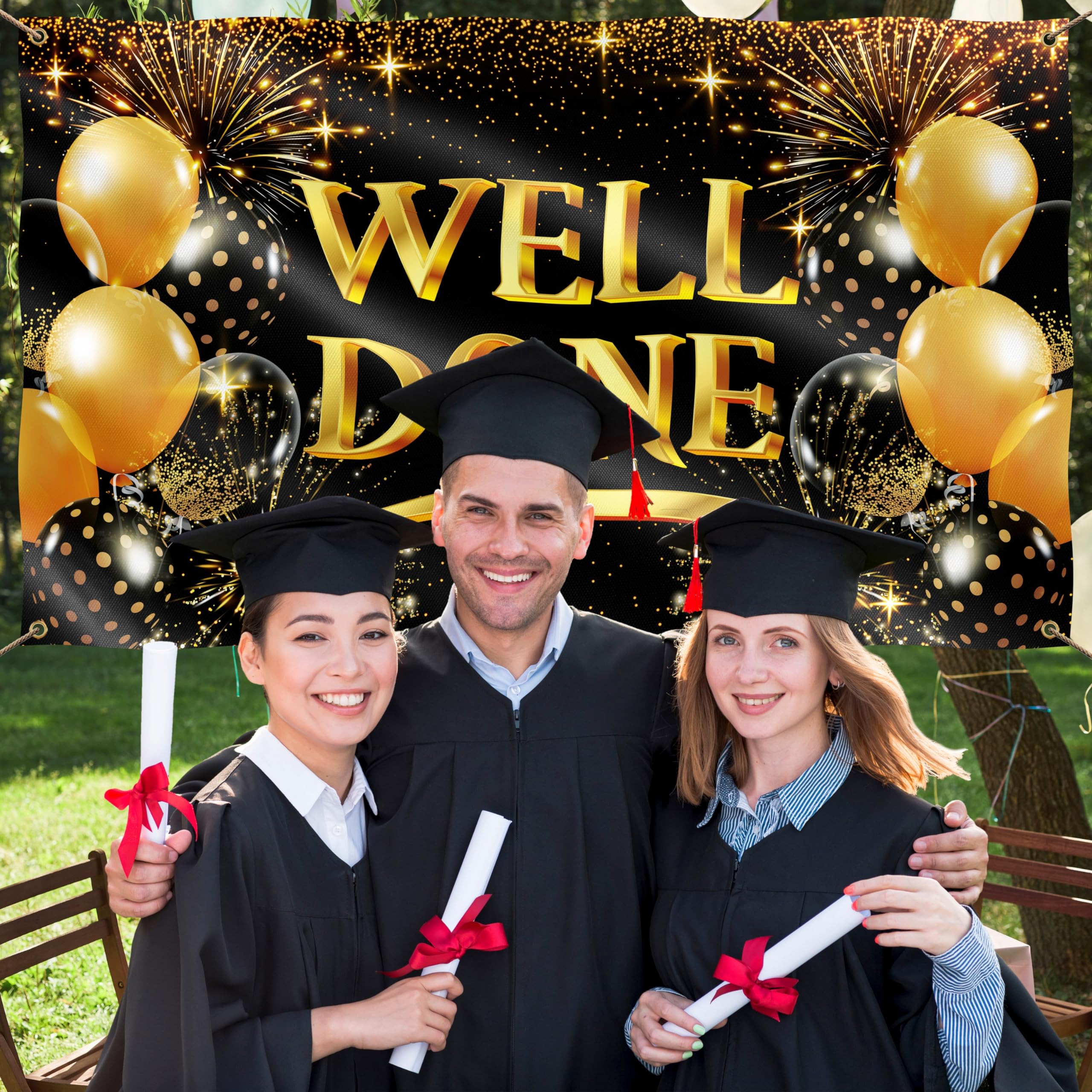 Well Done Banner - Congratulations Banner - Congratulations Decorations - Congrats Banner - We are so Proud of You Banner - Graduation Banner - Graduation Decorations - 5ft x 3ft (Black & Gold)