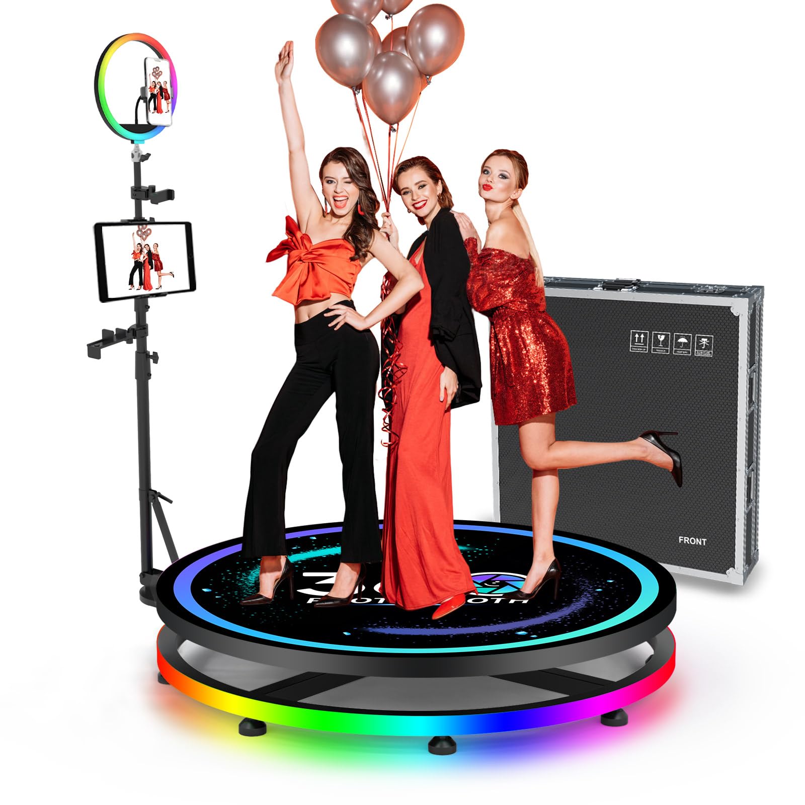 Foncusun 360 Photo Booth 31.5inch PRO 80cm, 360 Photo Booth Machine for Partie with RGB Ring Light, Remote Control, Customizable Logo, 360 Video Booth for 1-4 People Stand with Flight Case