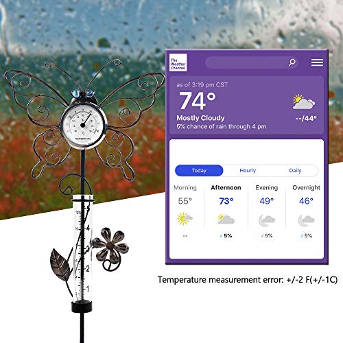 Juegoal 31.5 Inch Rain Gauge with Thermometer, Butterfly & Owl Garden Stakes Decor, Waterproof Rustproof Metal Yard Art Outdoor Lawn Pathway Patio Decorations, Set of 2