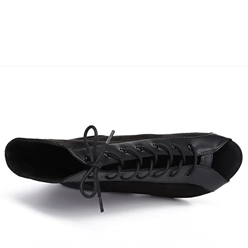 HROYL Women Open Toe Ankle Dance Boots Lace up Latin Salsa Ballrooom Performence Practice Dancing Shoes,L500-Black-7.5,US 7.5