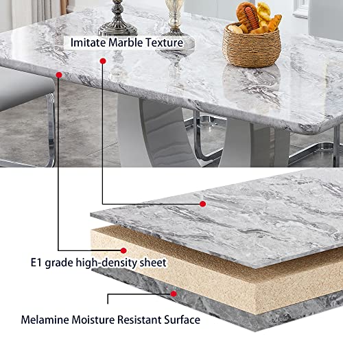 JUFU Modern Dining Table Set for 6,Rectangula Kitchen Table Set with Faux Marble Tabletop&6 Pu Leather Upholstered Chairs Ideal for Dining Room, Kitchen (Light Grey, 1 Table with 6 Chairs)