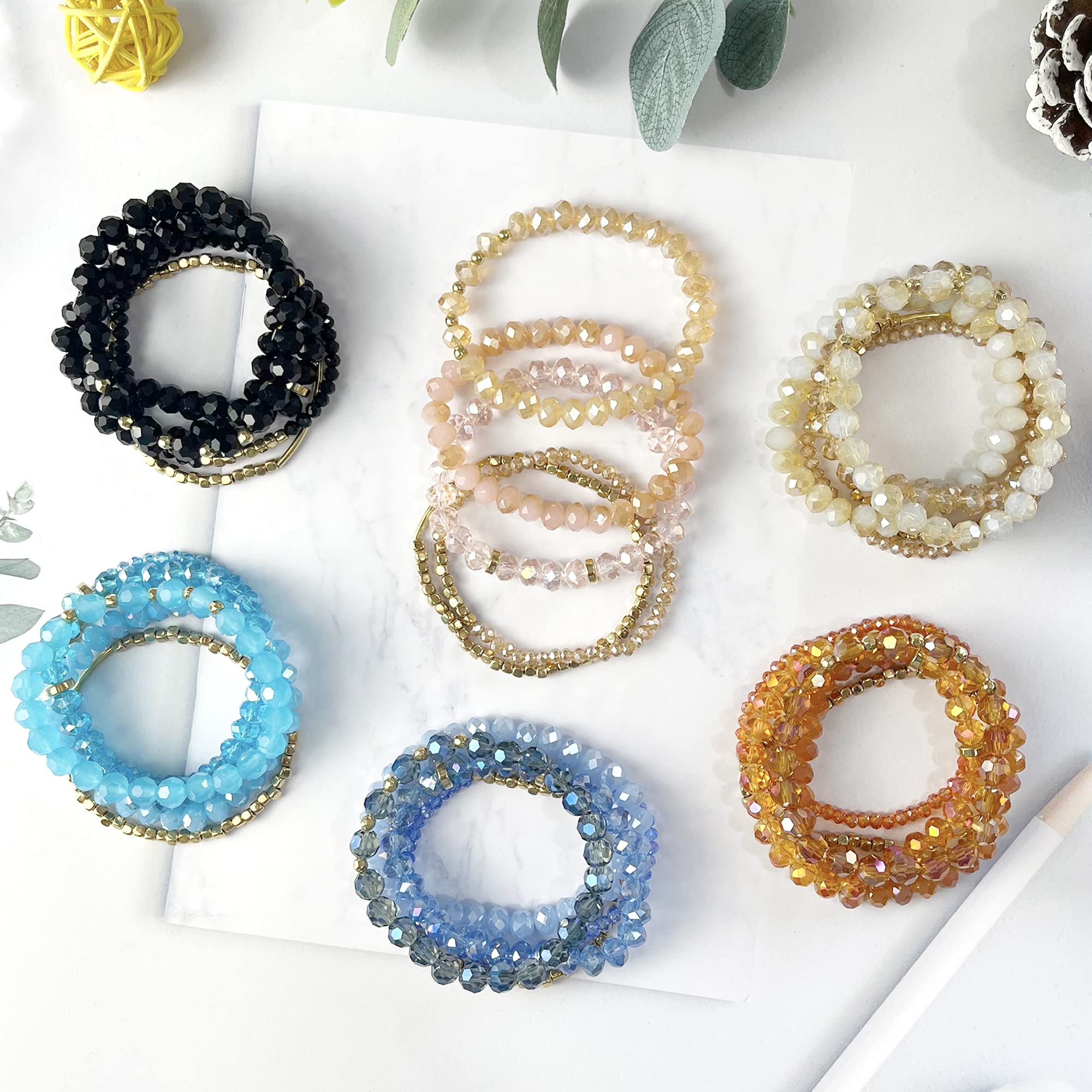 JEWPARK 6 Pack Stackable Crystal Bohemian Beaded Bracelets for women Multi-layer Stacking Versatile Strand Stretch Sparkly Crystal Beads Bracelets Set