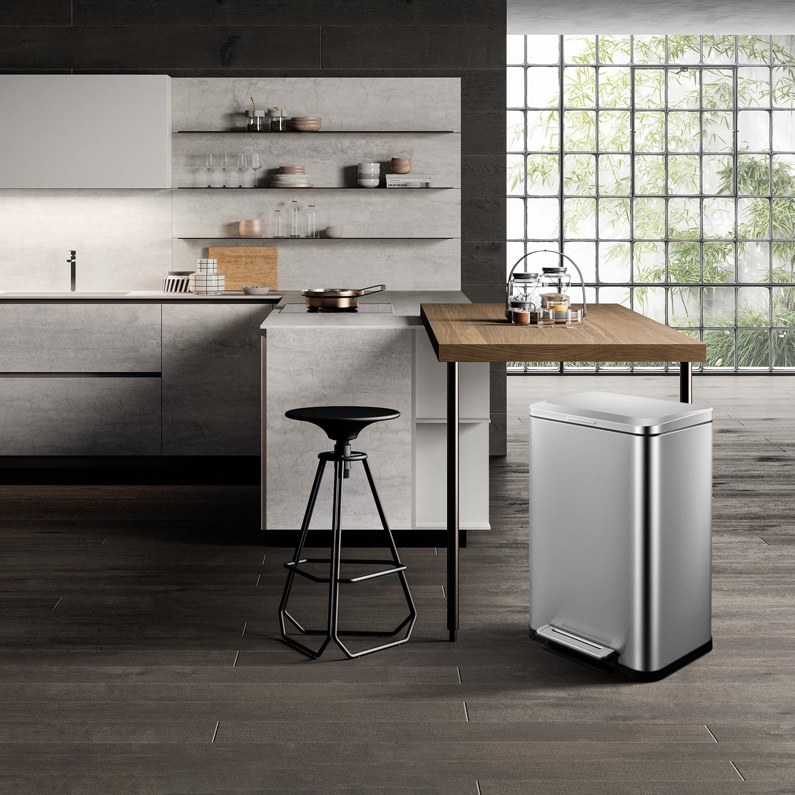 WELYFE Trash Can Set 13.2 Gallon and 2.1 Gallon, Rectangular Kitchen Waste Bins with Soft-Close Lid, Step-on Pedal, Stainless Steel, 50 Liter and 8 Liter
