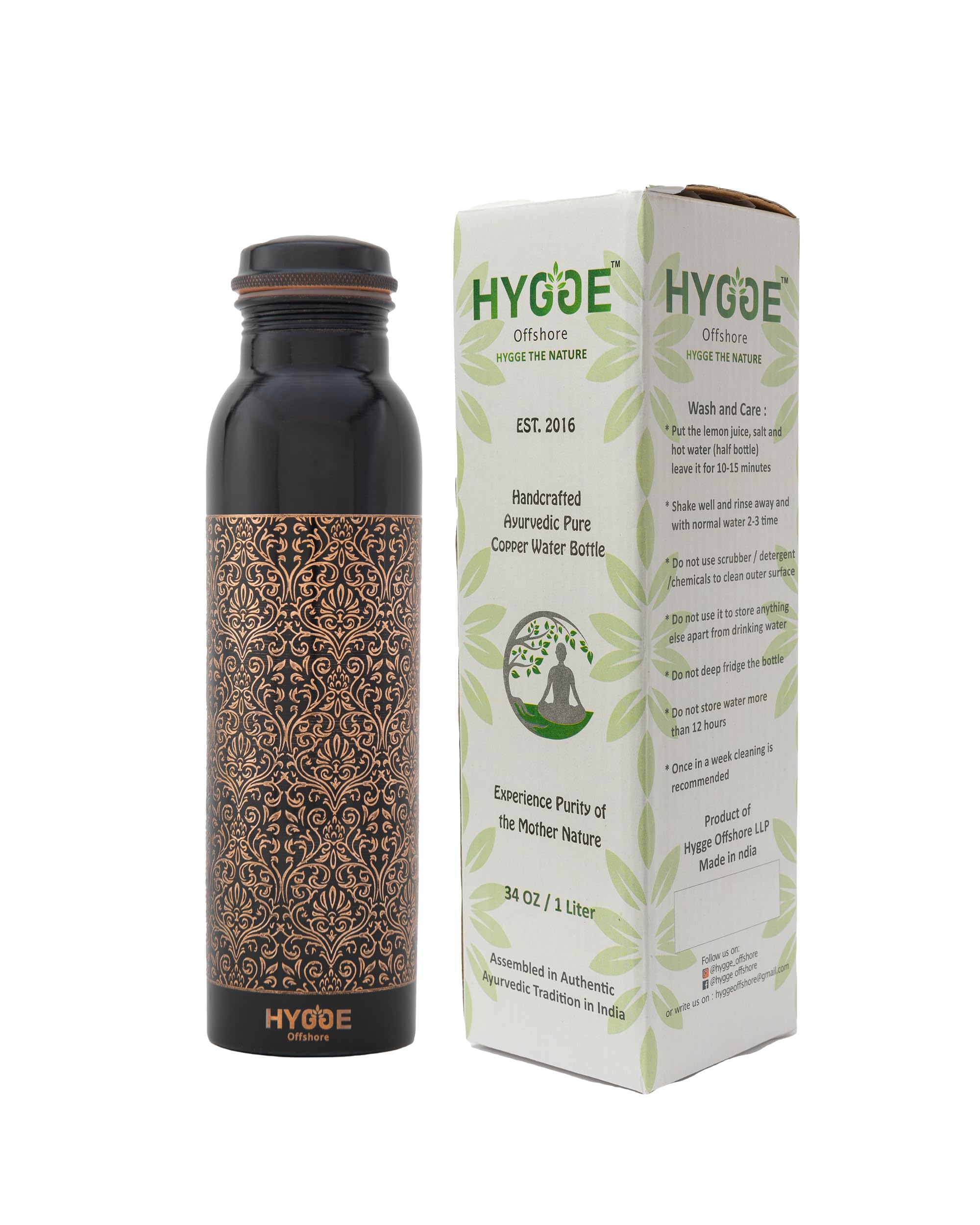 HYGGE Copper Water Bottle - 34 Oz Extra Large - A Antique Engraved Ayurvedic Pure Copper Vessel For Drinking - Drink More Water, Lower Your Sugar Intake And Enjoy The Health Benefits Immediately